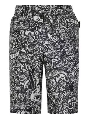 Philipp Plein Tattoo Print Silk Shorts - Black