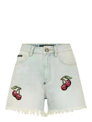 Philipp Plein Cherry Sequin Embroidered Denim Shorts - Blue