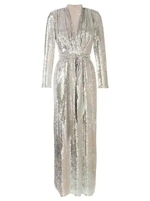 Badgley Mischka Plunge Sequin Column Gown - Silver