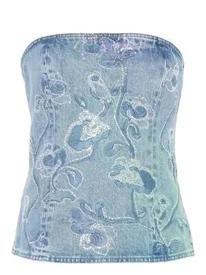 ROTATE BY BIRGER CHRISTENSEN Strapless Embellished Denim Top - Blue