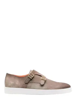 Santoni Suede Monk Shoes With Gold-tone Buckles - Brown