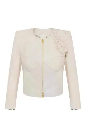 Elisabetta Franchi Leather Jacket With Flower Appliqués - Neutrals