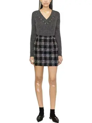 Alessandra Rich Embellished V-neck Ribbed Jumper - Grey
