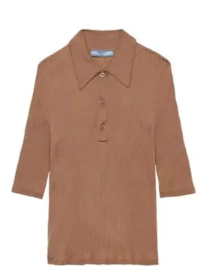 PRADA Prada Camel Brown Ribbed Knit Polo Shirt