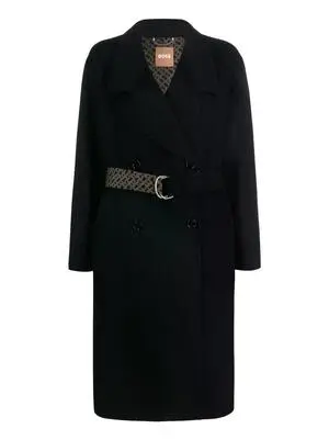 BOSS Monogram Jacquard Belted Wool-blend Coat - Black