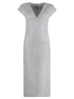 St. John Cap Sleeve Lurex Midi Dress - Silver