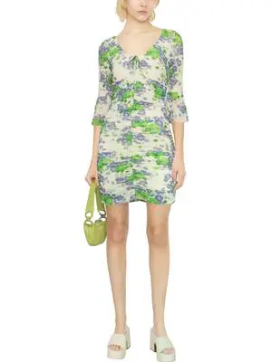 GANNI Floral-print Ruched Minidress - Neutrals