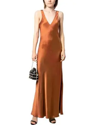 Voz Silk V-neck Long Dress - Brown