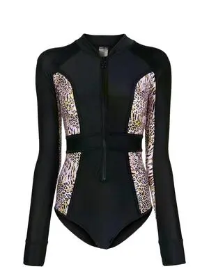 DUSKII Leopard-print Long-sleeve Surf Suit - Black