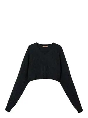 TWINSET Wool Blend Ribbed Knit Cropped V-neck Sweater - Grey