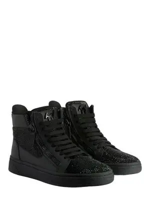 GIUSEPPE ZANOTTI Leather High-top Sneakers With Rhinestone Embellishments - Black
