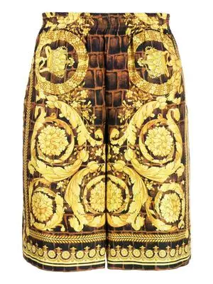 Versace Baroccodile-print Silk Shorts - Brown