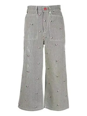Kenzo Floral Embroidered Striped Cropped Jeans - Black