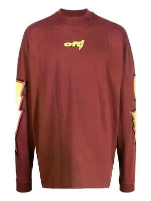 Off-White Long Sleeve Mock Neck Cotton T-shirt With Graphic Print - Red