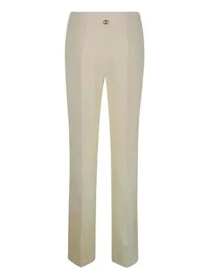 TWINSET Straight-leg Trousers With Gold-tone Logo Plaque - Neutrals