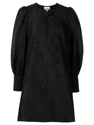 GANNI Jacquard Organza Puff Sleeve Mini Dress - Black