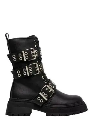 TWINSET Leather Buckled Lace-up Boots - Black