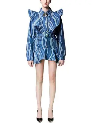 AREA Sunray Ruffle-hem Denim Skirt - Blue