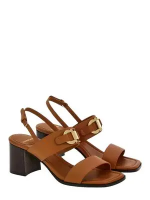 FERRAGAMO Gancini Buckle Leather Block Heel Sandals - Brown