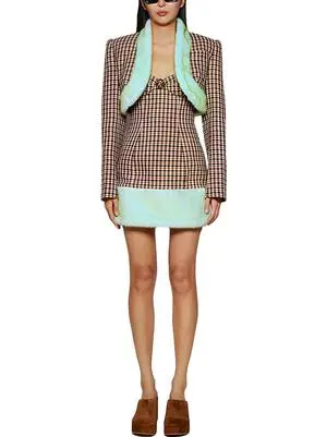 AREA Check-print Bandeau Minidress With Crystal Embellishment And Faux-fur Trim - Brown