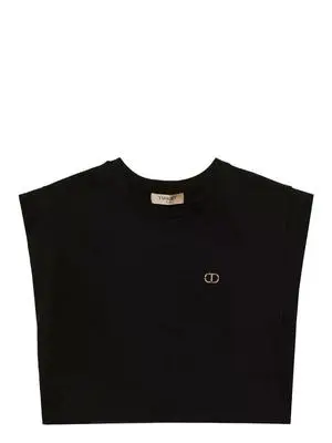 TWINSET Cropped Crewneck T-shirt With Embroidered Logo - Black