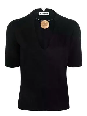 JIL SANDER Jil Sander Black Virgin Wool Plunging V-Neck Short-Sleeve Top With Gold-Tone Hardware Black