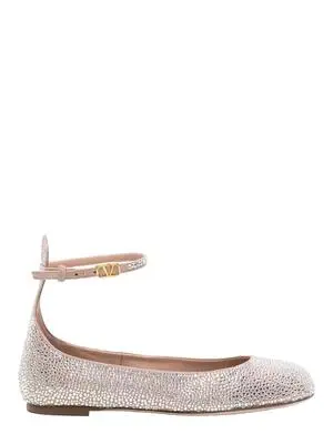 Valentino Garavani Crystal-embellished Leather Ballerina Shoes With Ankle Strap - Silver