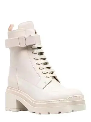 FERRAGAMO Bone White Calf Leather Ankle Boots With Gold-tone Hardware - Neutrals