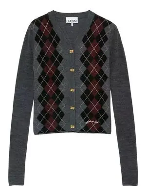 GANNI Argyle Knit Cardigan - Grey