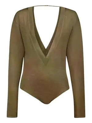 Saint Laurent Khaki Wool Fine-knit Plunge V-neck Long Sleeve Bodysuit - Green