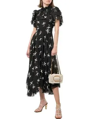 MACGRAW Flight Bird Print Silk Chiffon Dress - Black