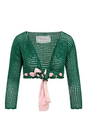 MATIMI Open Knit Knot Detail Long Sleeve Blouse - Green