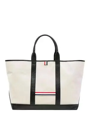 Thom Browne Canvas And Leather Tote Bag With Rwb Stripe - Neutrals