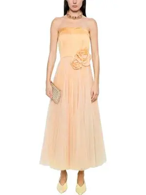 PARLOR Strapless Floral Appliqué Midi Dress - Orange