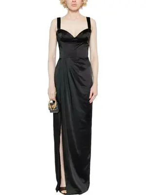 Marchesa Satin Bustier Gown With Side Slit - Black