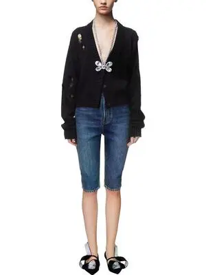 AREA Butterfly Embellished Distressed Cropped Cardigan - Black