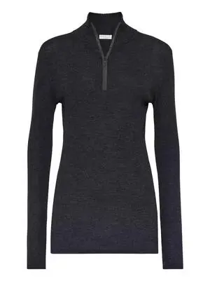 Brunello Cucinelli Brunello Cucinelli Ribbed Knit High Neck Zip Fastening Sweater Grey