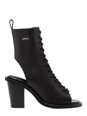JUUN.J Open-toe Leather Lace-up Block Heel Boots - Black
