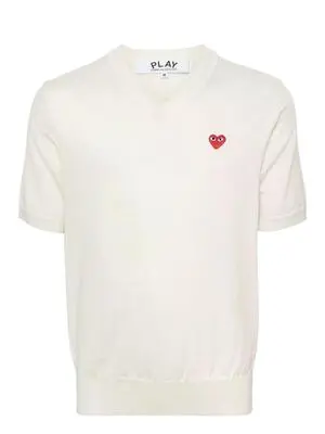 Play Comme Des Garcon Fine Knit V-neck Jumper With Heart Patch - White