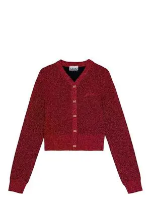 GANNI Buttoned Long Sleeve Ribbed Knit Cardigan - Red