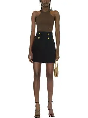 Balmain High-waisted Wool Miniskirt With Gold-tone Buttons - Black