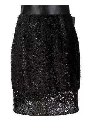 Undercover Layered Faux-fur Pencil Skirt With Sequins And Bow Detail - Black