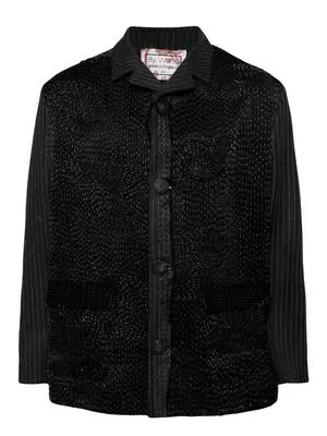 By Walid Embroidered Pinstriped Shirt Jacket - Black