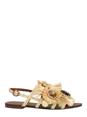 Dolce & Gabbana Embellished Raffia Flat Sandals - Neutrals