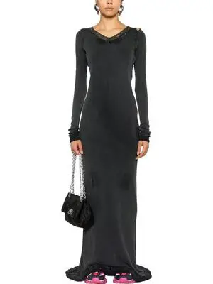 Balenciaga Distressed Ribbed Knit Maxi Dress With Lace Trim - Black