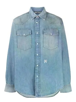 Palm Angels Monogram-embroidered Denim Shirt - Blue