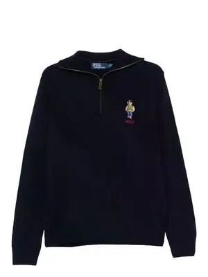 Polo Ralph Lauren Wool Zip-neck Pullover With Embroidered Polo Bear - Blue