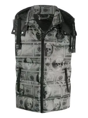 Philipp Plein Skull Dollar Print Puffer Vest - Grey