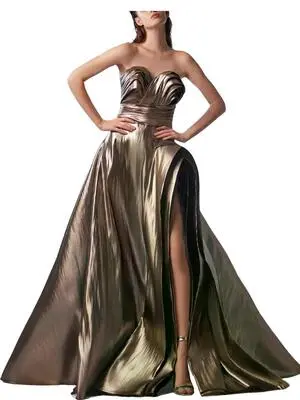GABY CHARBACHY Strapless Draped Gown With High Slit - Gold