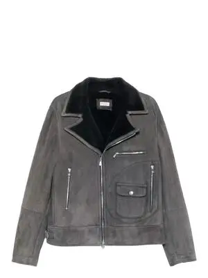 Brunello Cucinelli Suede Biker Jacket With Shearling Trim - Grey